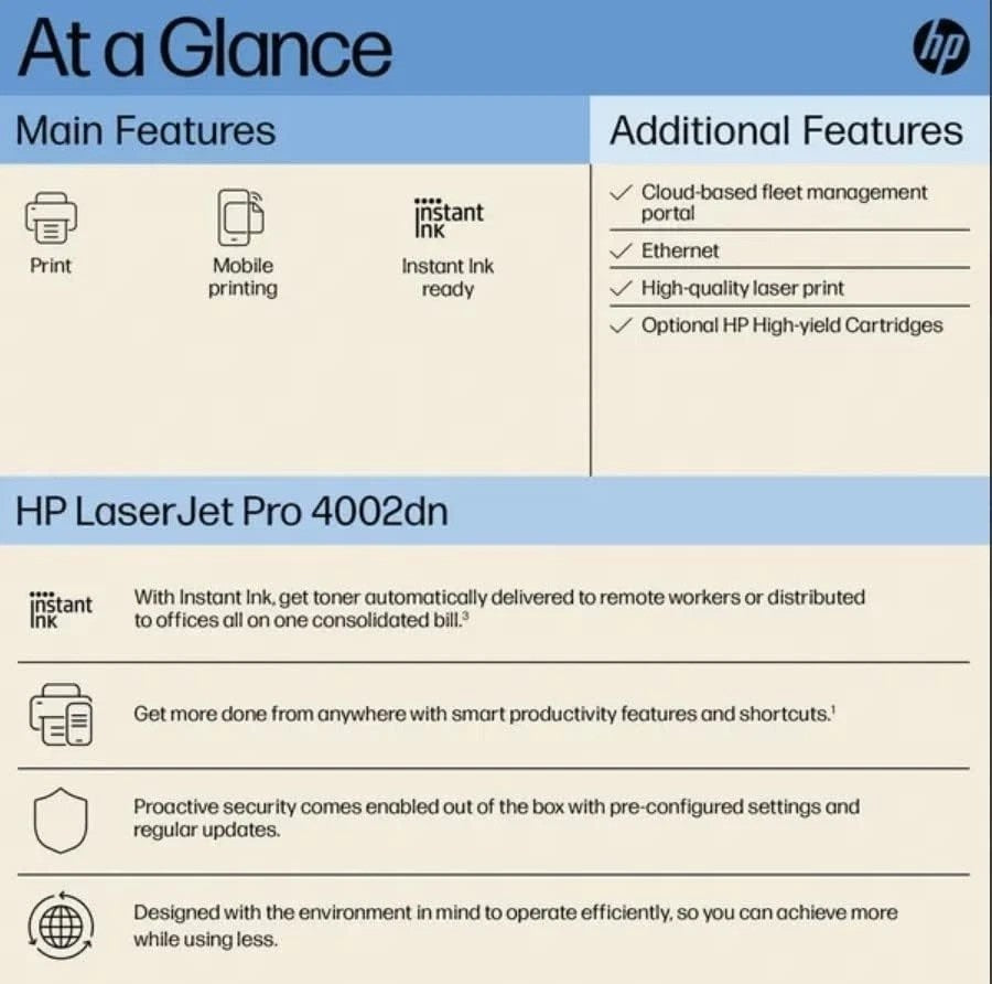 HP LASERJET PRO 4002DN 40PPM 1200DPI DUPLEX NETWORK COMPACT A4 MONO SF ...